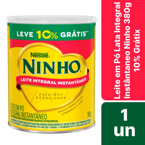 LEITE EM PO INSTANTANEO LATA INTEGRAL NINHO 380G 10% GRATIS